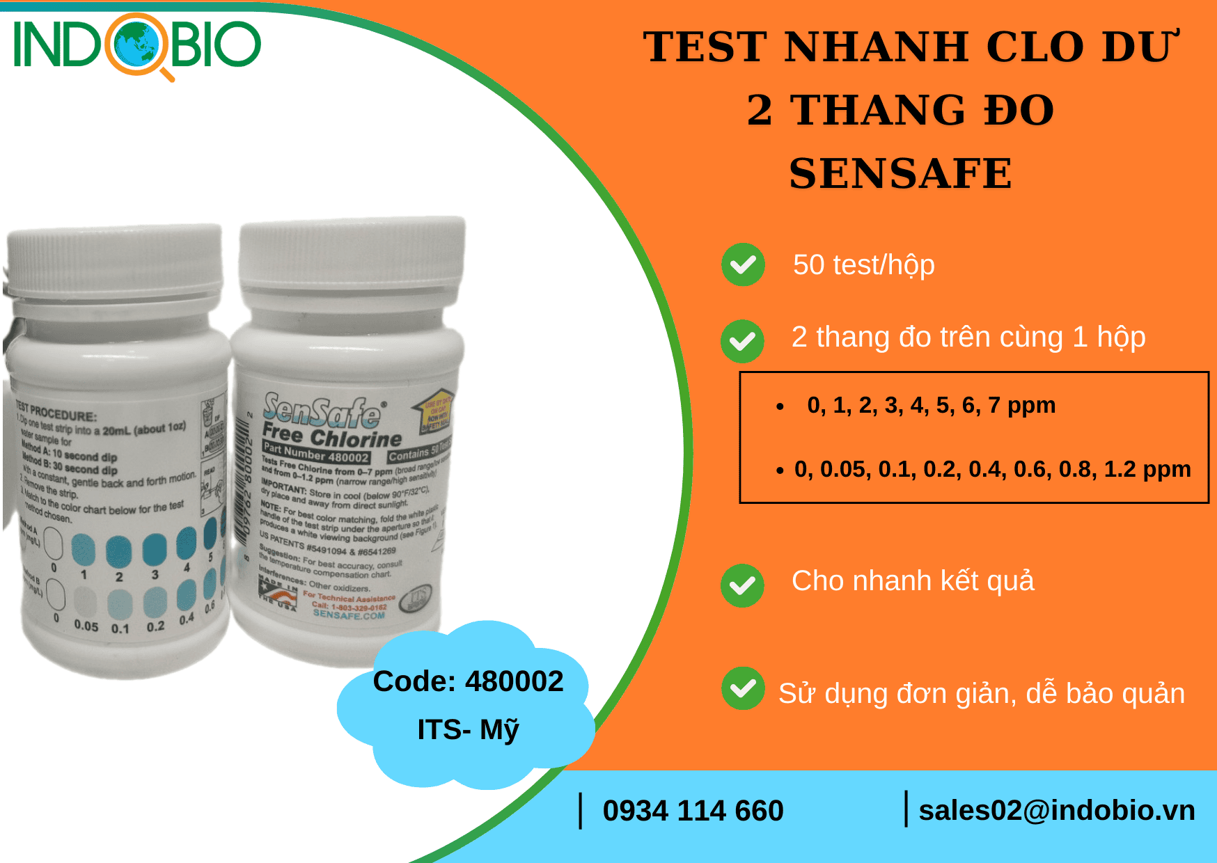 QUE TEST NHANH CLO DƯ 0-1.2 PPM VÀ 0-7 PPM SENSAFE 480002